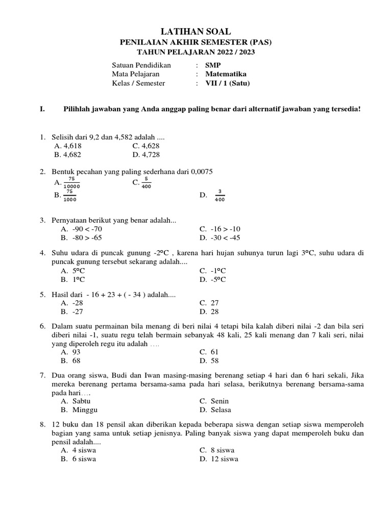 Soal PAS MTK Kelas 7 | PDF