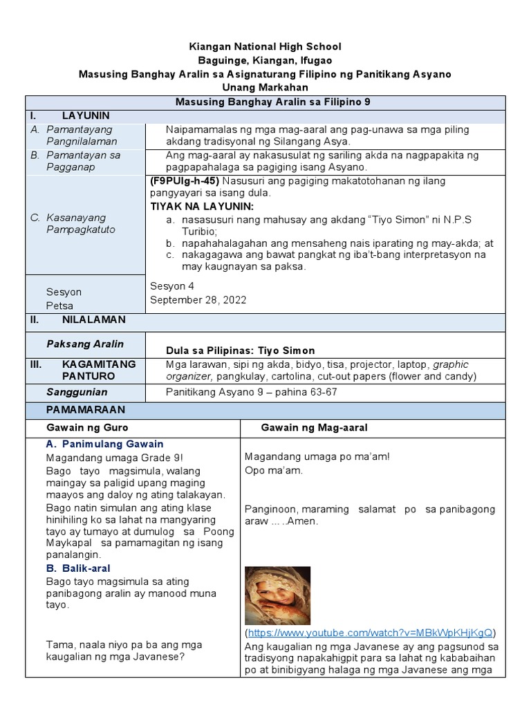 Tiyo Simonmasusing Banghay Aralin Fs 1 | PDF