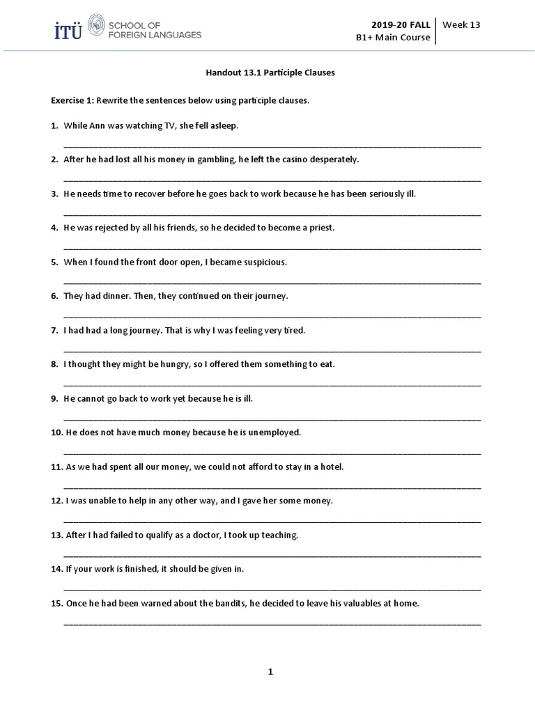 Handout 13.1 - Participle Clauses | PDF Handout 13.1 - Participle Clauses | PDF