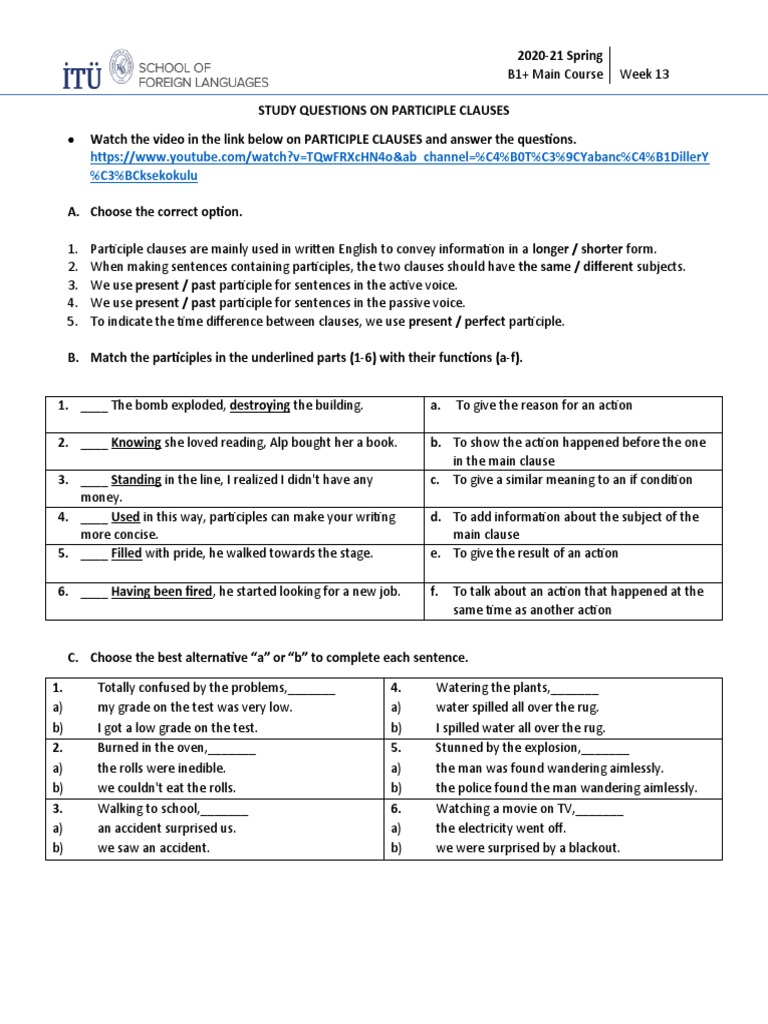 Participle Clauses - Follow-Up Questions + Answer Key | PDF | Syntax | Grammar