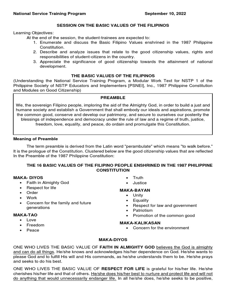 Basic Filipino Values September 10 2022 | PDF | World Health ...