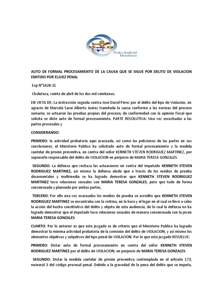 Auto De Formal Procesamiento Pdf Violación Derecho Penal