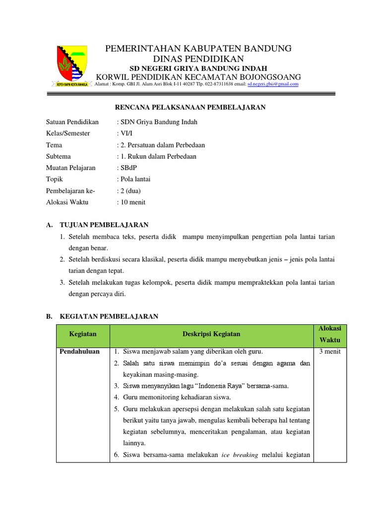 RPP SBDP Kelas 6 Tema 2 | PDF