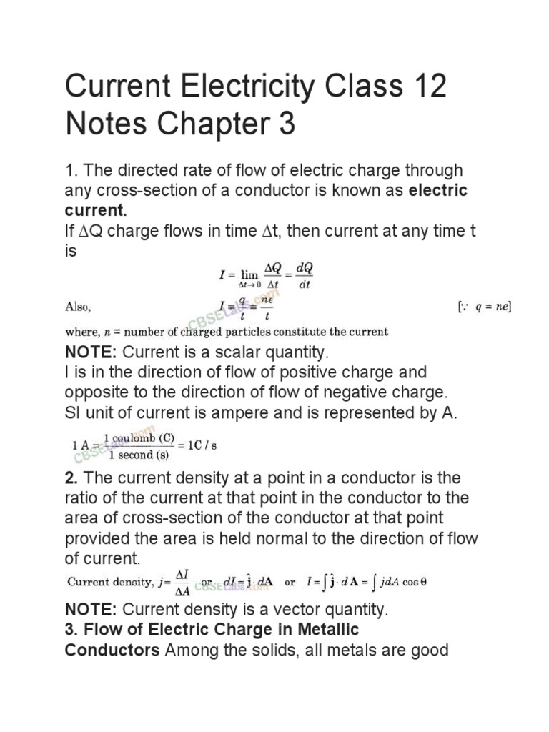 Current Electricity Class 12 Notes Chapter 3 Pdf Electrical