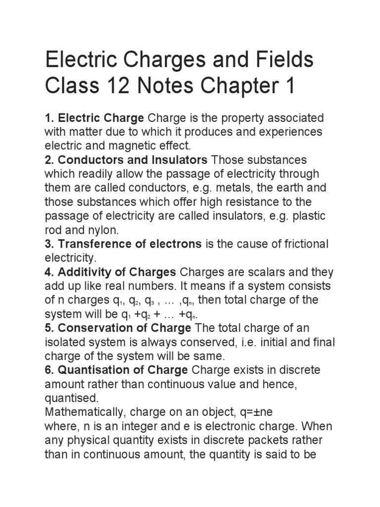 Class 12 Electric Charges Notes | PDF | Electric Charge | Electric Field