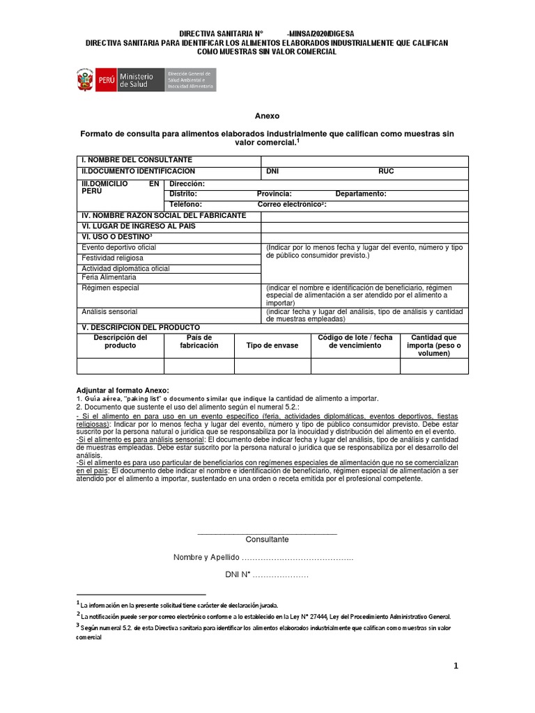Formato Directiva Sanitaria 116-Minsa-Omsvc Muestra Sin Valor Comercial | PDF | Alimentos
