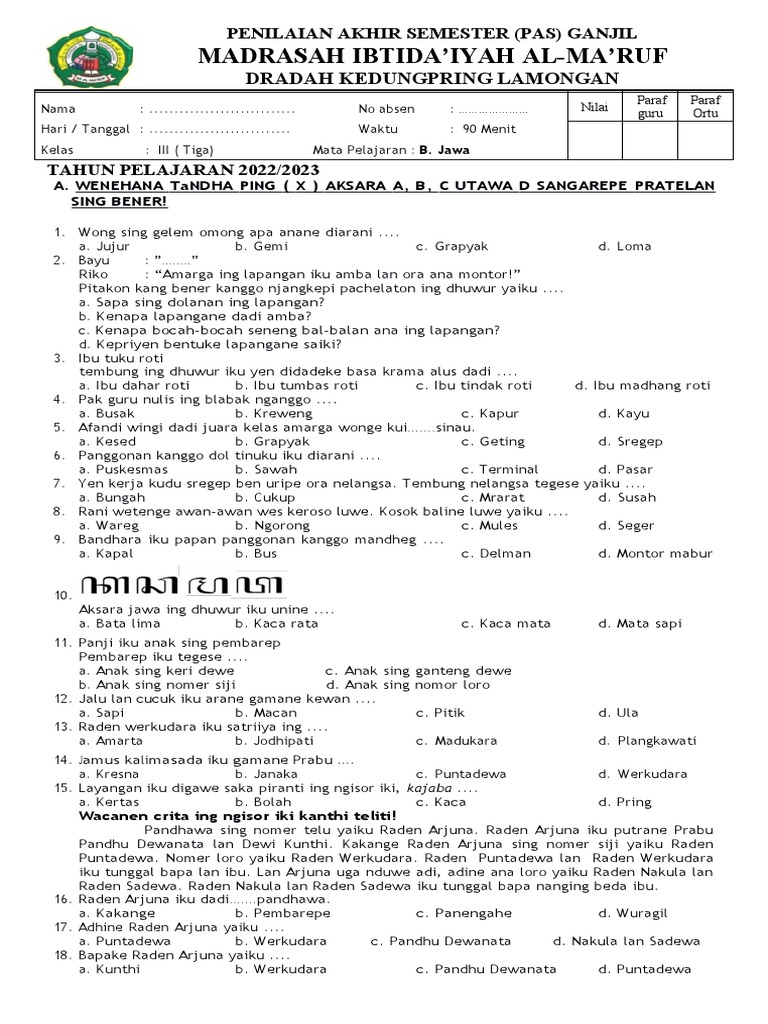 Soal UAS Bahasa Jawa Kelas 3 SD Semester 1 (Ganjil) Dan Kunci Jawabannya | PDF
