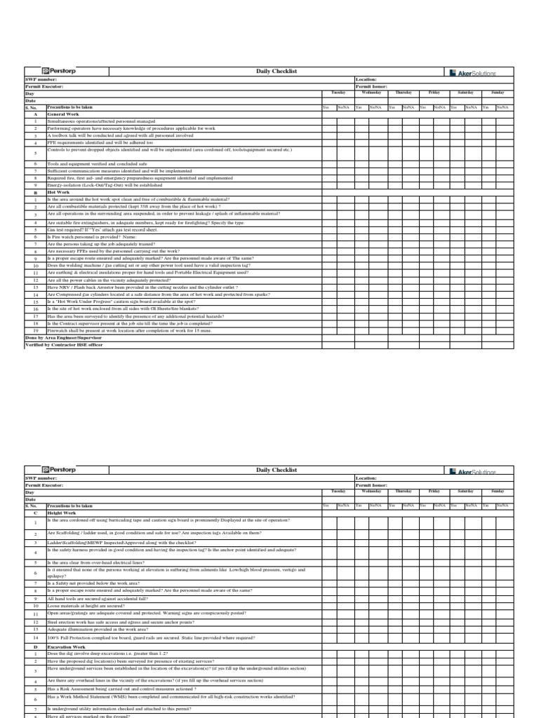 Daily Checklist For SWP | PDF | Fires | Firefighting