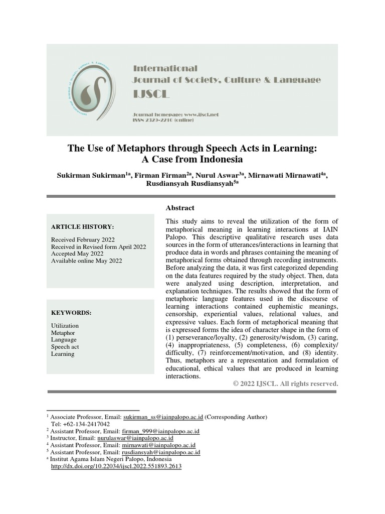 The Use of Metaphors Through Speech Acts in Learning A Case From Indonesia | PDF | Metaphor ...
