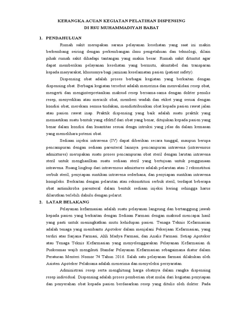 Kerangka Acuan Pelatihan Dispensing | PDF