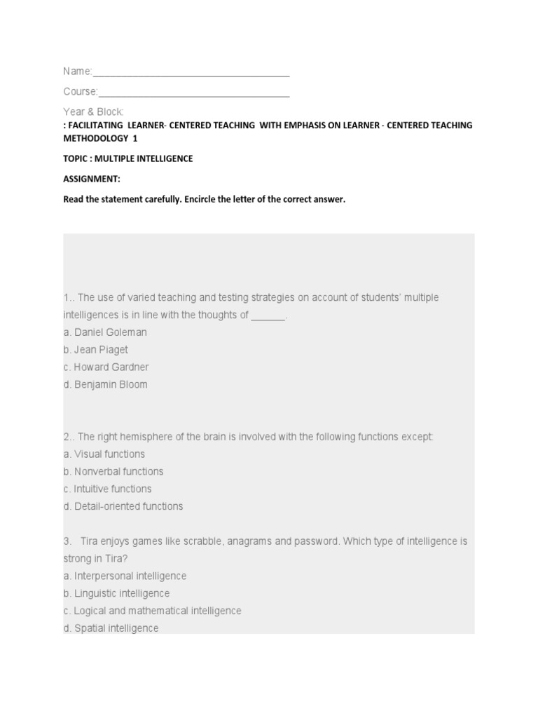Multiple Intelligence Post Test | PDF | Learning | Behavior Modification