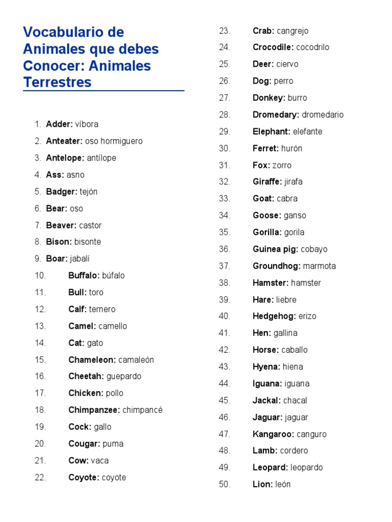 Vocabulario de Animales Que Debes Conocer | PDF | Mamíferos | Organismos