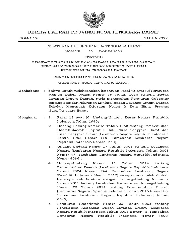 Pergub No. 25 Tahun 2022 TTG SPM BLUD SMKN 2 KOTA BIMA | PDF