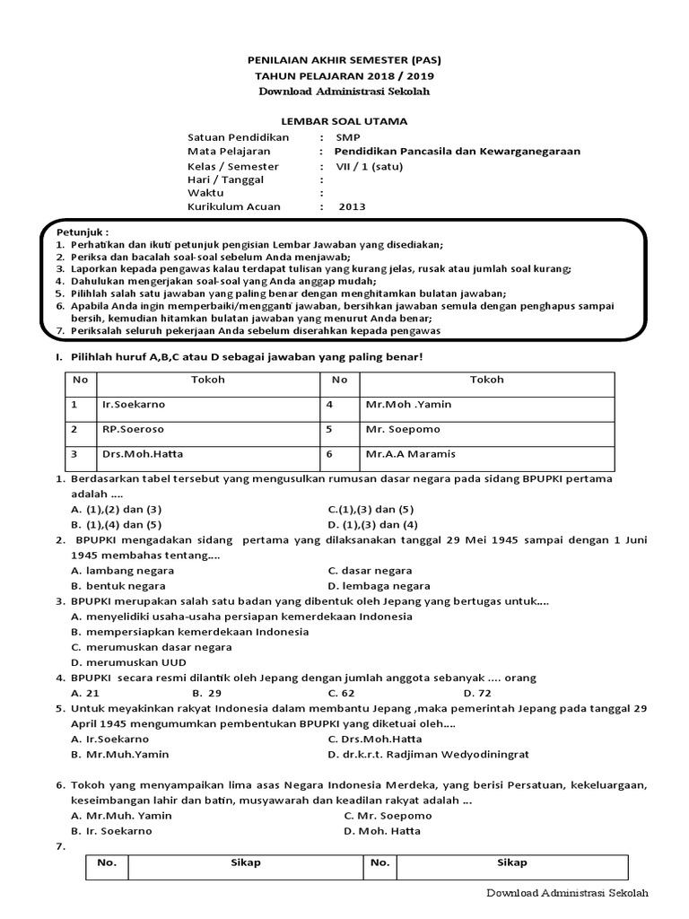 Soal Uas PPKN SMP Kelas 7 Semester 1 | PDF