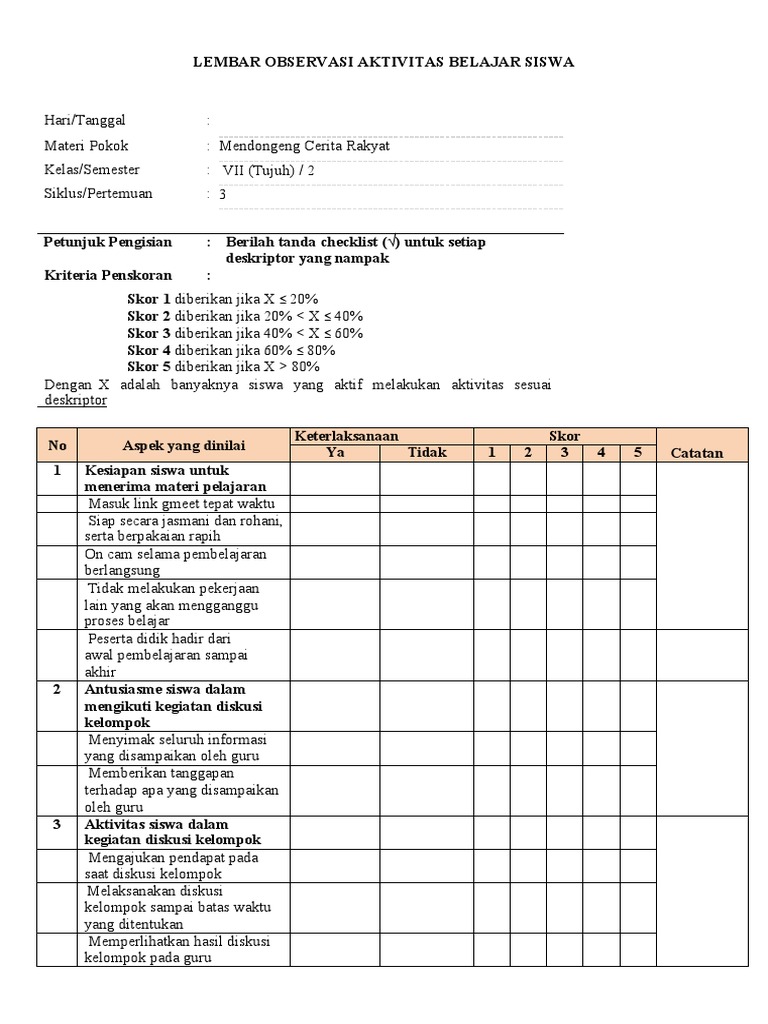 Lembar Observasi Aktivitas Belajar Siswa | PDF