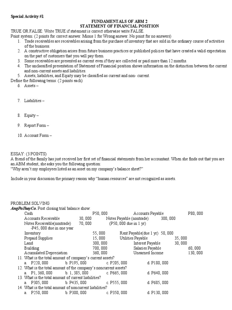 Fundamentals of ABM2-Special Activity1 | PDF | Balance Sheet | Business