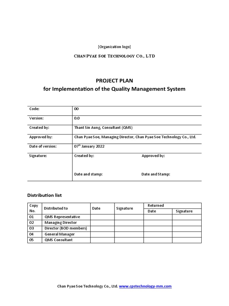 01 - Project - Plan - EN For CPS Co - LTD | PDF | Iso 9000 | Quality ...