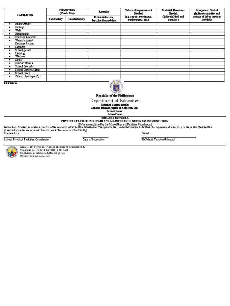 Be Form 1 - Physical Facilities Repair and Maintenance Needs Assessment ...