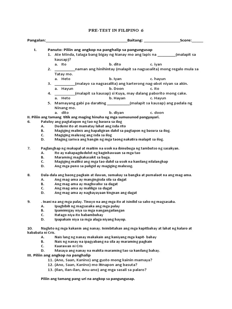 Pre Test Filipino 6 | PDF