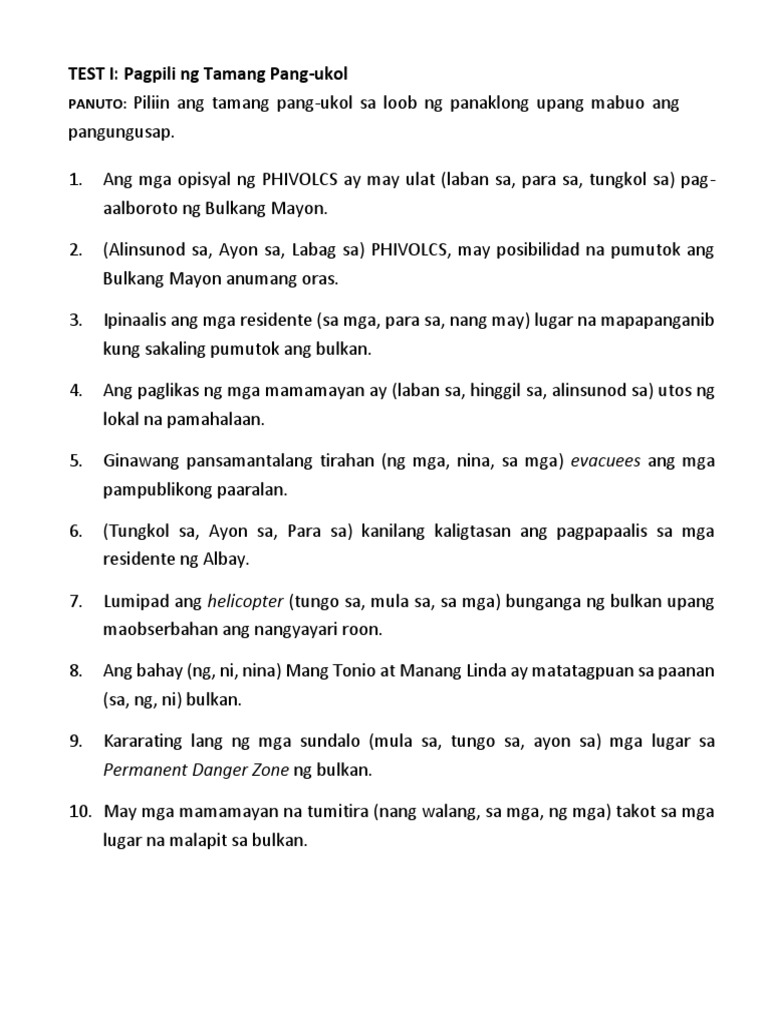 Grade 4 Pagsasanay (Pang-Ukol) | PDF