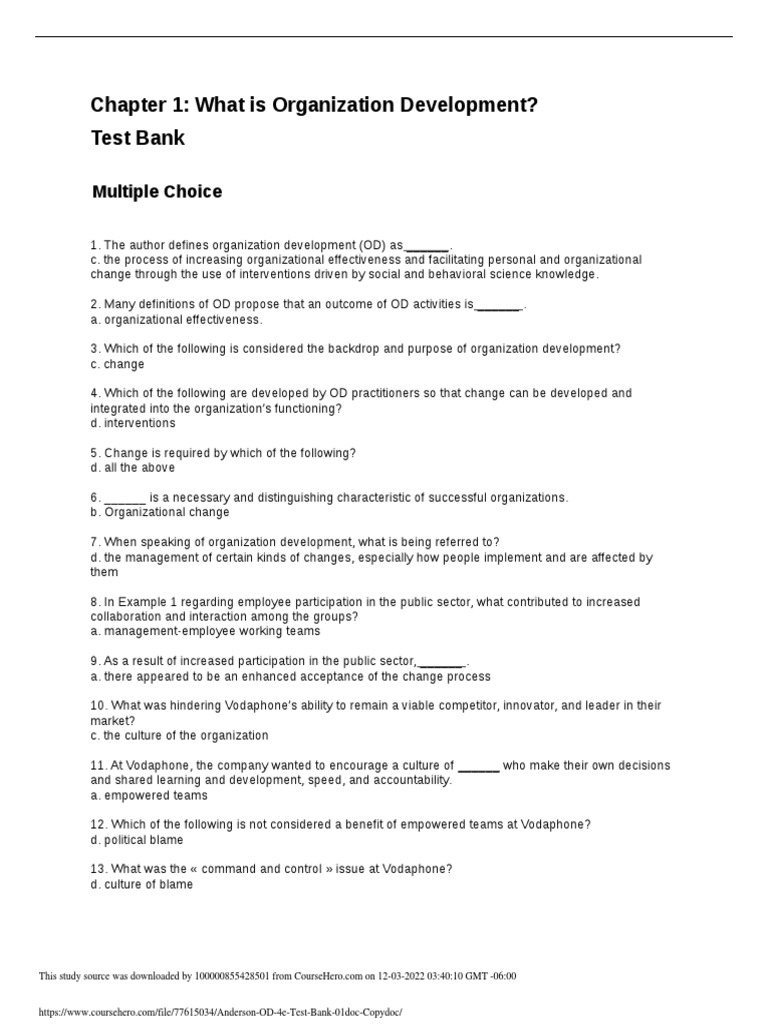 Anderson OD 4e Test Bank 01.doc | PDF | Organization Development | Business