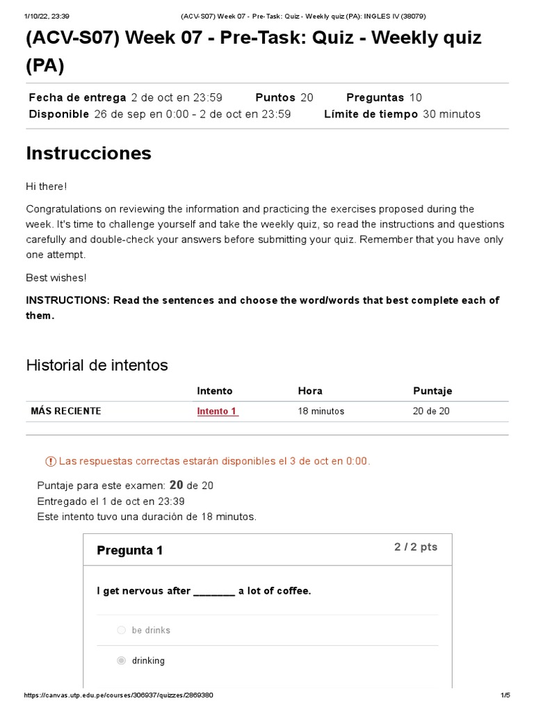 (ACV-S07) Week 07 - Pre-Task - Quiz - Weekly Quiz (PA) - INGLES IV (38079) | PDF