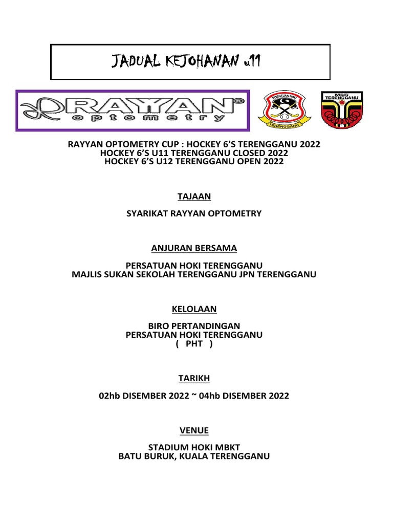 Jadual Perlawanan - ROCH6's Teganu 2022 U11 - Wat 29 November 2022 | PDF