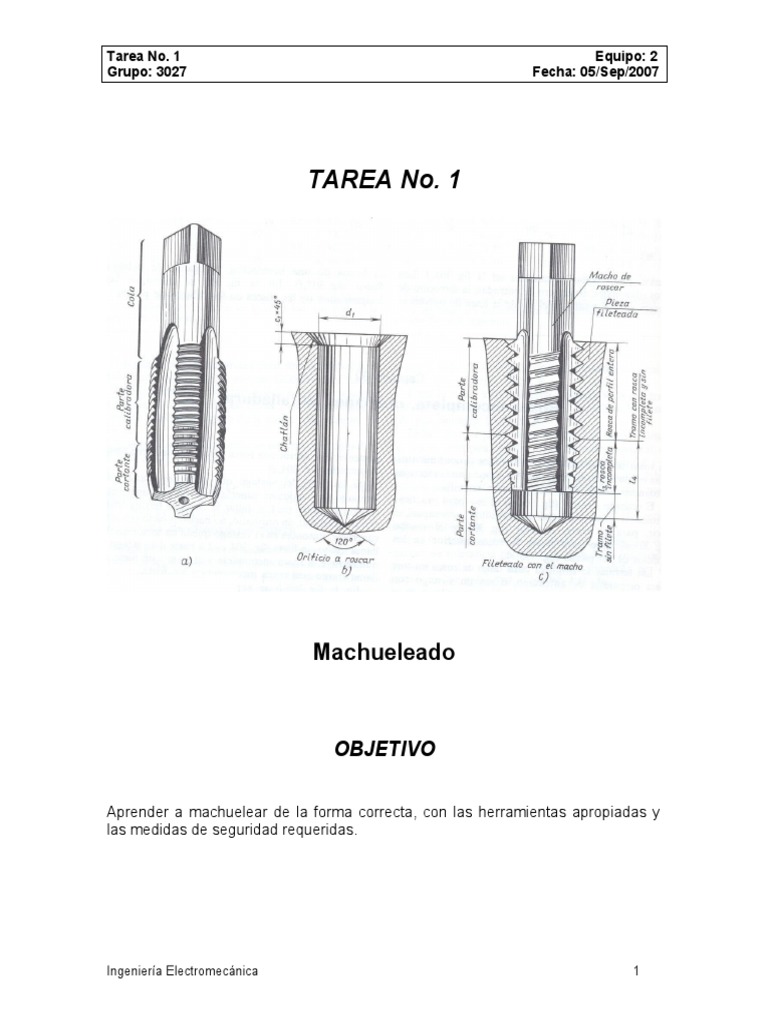 TAREA No.1 MACHUELEADO | PDF | Tornillo | Perforación