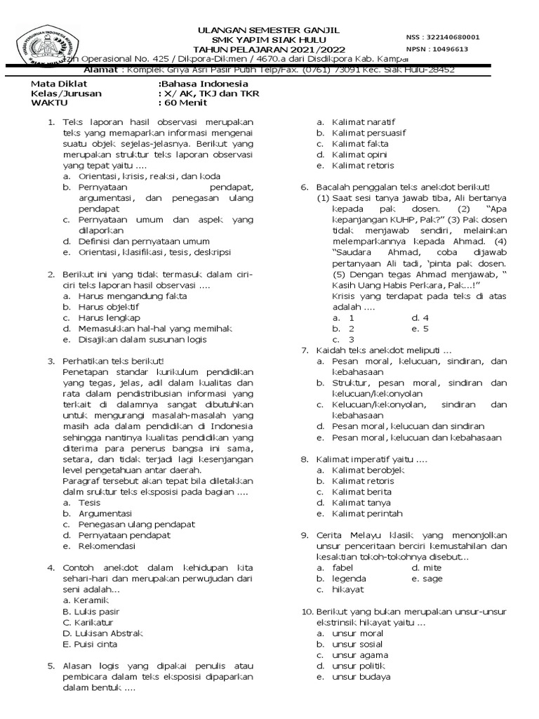 Soal B.indo Kls X Smster Ganjil | PDF