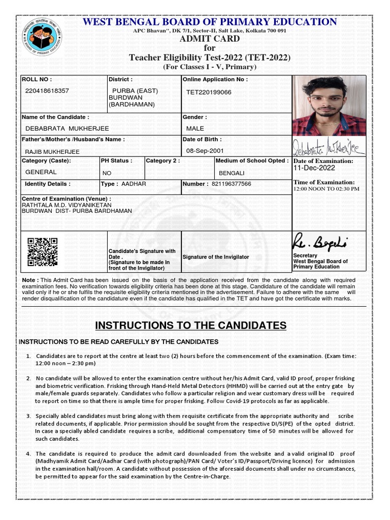 WB Primary Education Board TET 2022 Admit Card | PDF