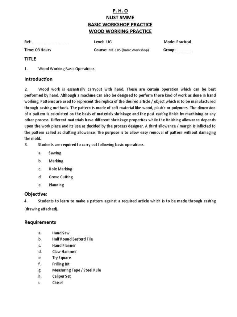 Wood Work Pattern Making Basic Workshop Practice | PDF | Casting ...