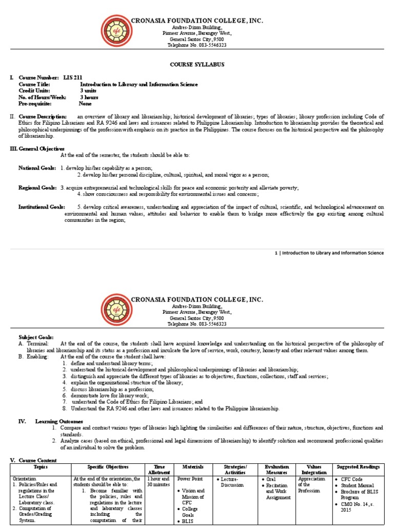 LIS 1 Syllabus - Introduction to Library and Information Science | PDF ...