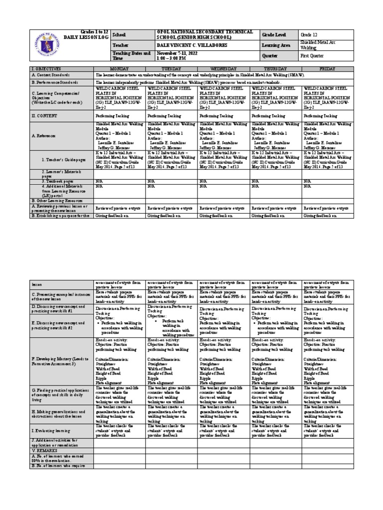 DLL - SMAW - 1st Sem - Week 11 | PDF | Teachers | Welding