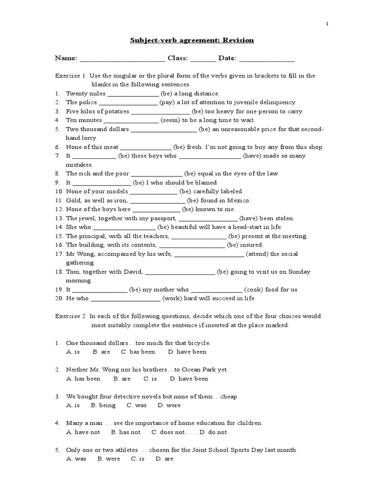 Subject-Verb Agreement Exercises | PDF