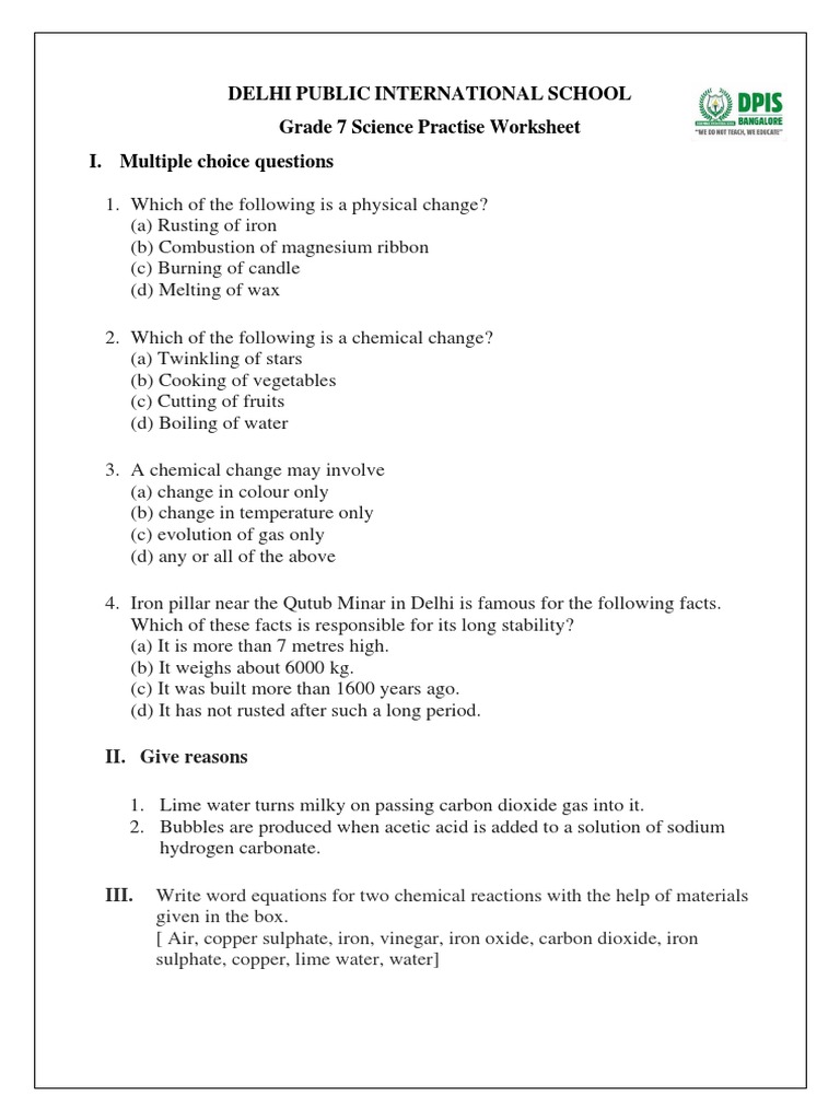 Delhi Public International School Grade 7 Science Practise Worksheet I ...