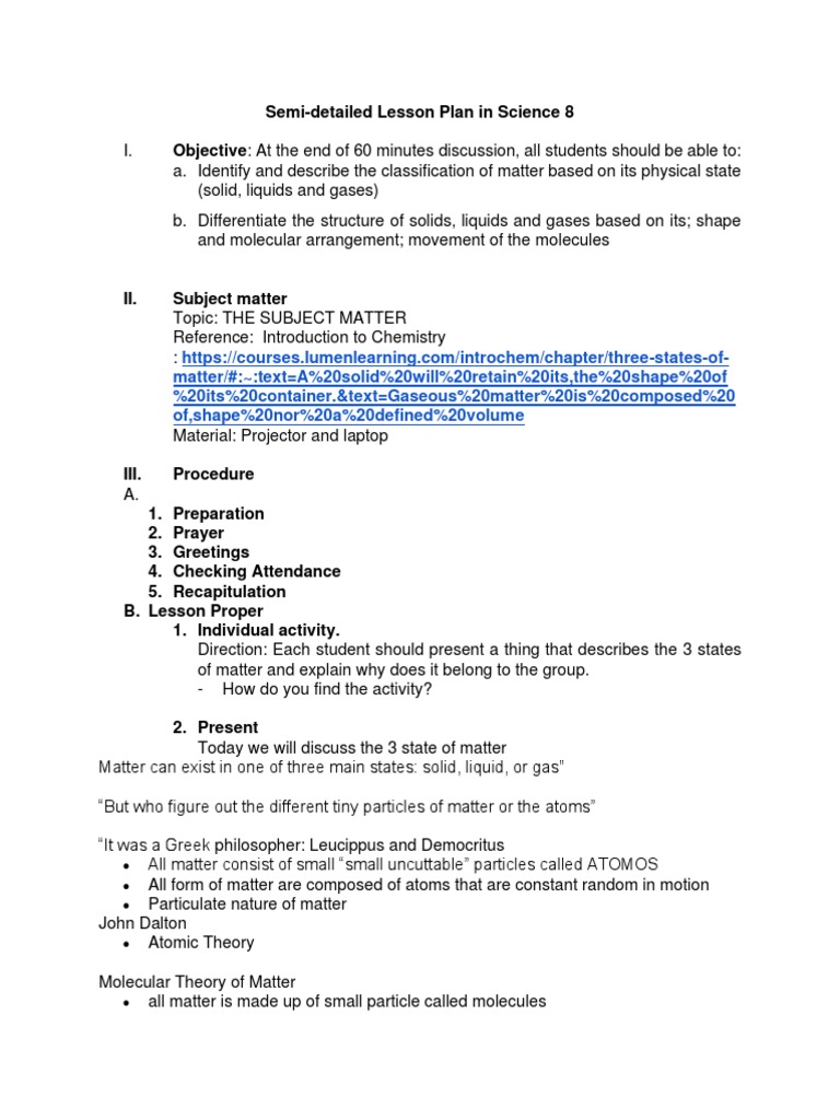 Grade 8 Lesson Plan: States of Matter | PDF | Gases | Matter