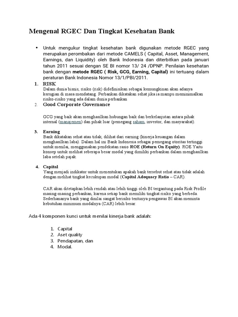 Ada 4 Komponen Kunci Untuk Menilai Kinerja Bank Berdasarkan RGEC | PDF