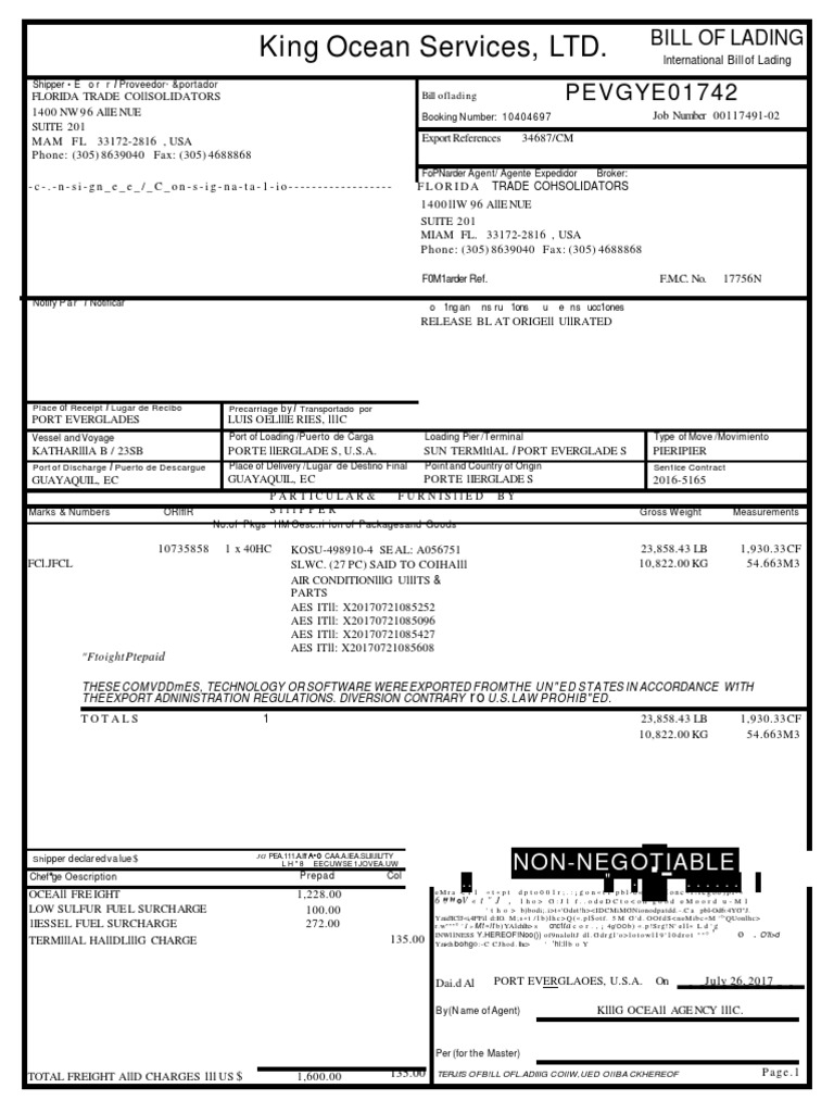King Ocean Services, LTD.: PEVGYE01742 | PDF | Bill Of Lading | Legal ...