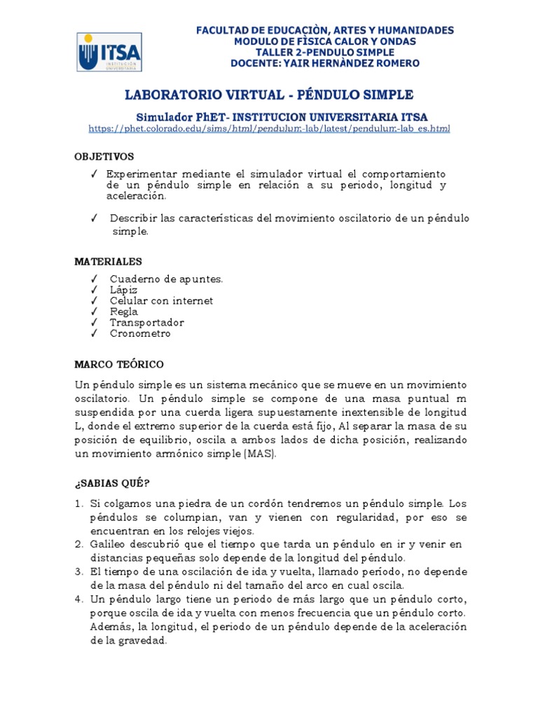G1-Guia Del Laboratorio Virtual Pendulo Simple-V1 | PDF | Péndulo | Oscilación
