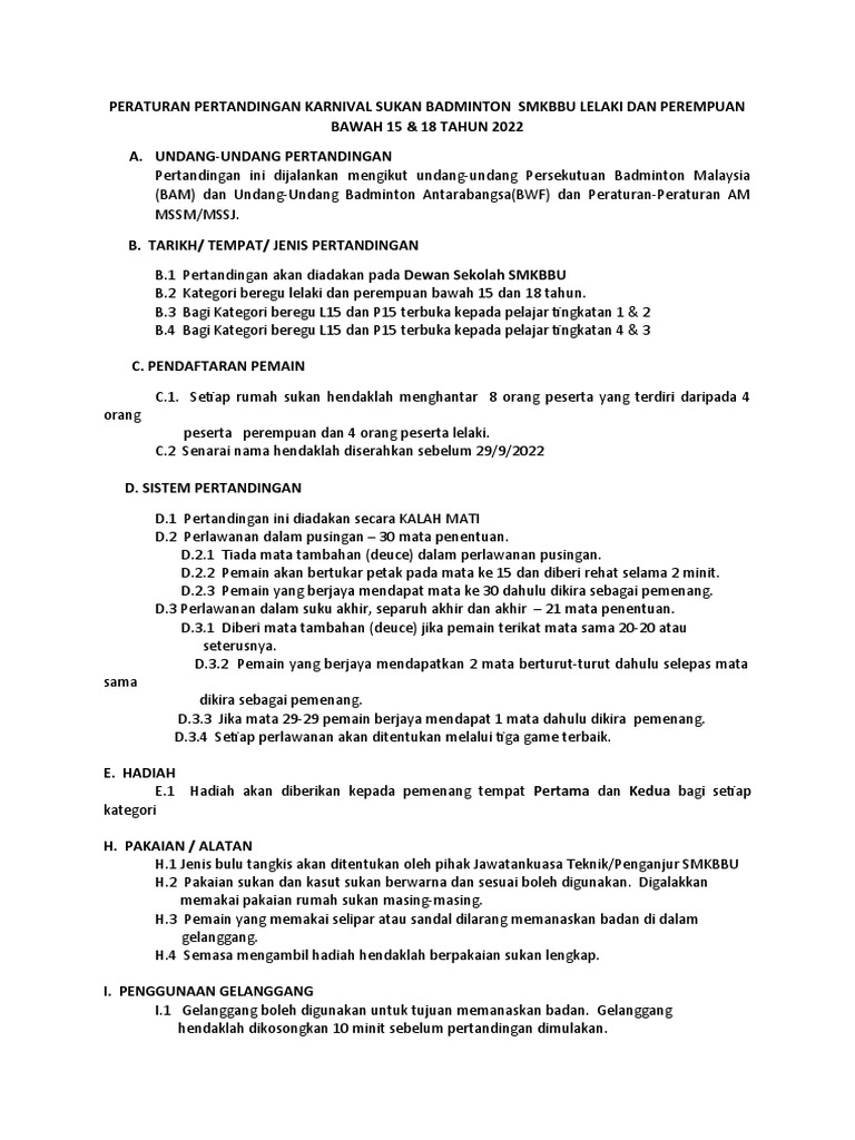 Peraturan Pertandingan Karnival Sukan Badminton Smkbbu Lelaki Dan ...