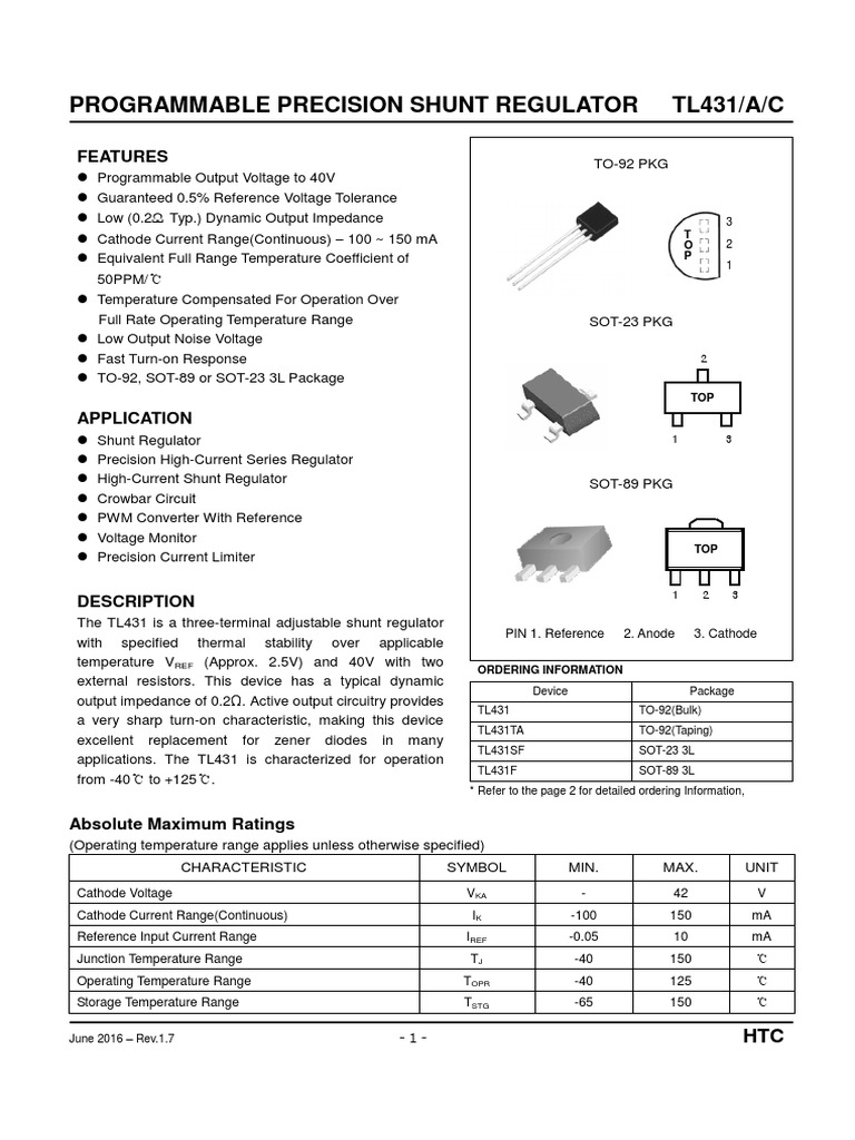 Programmable Precision Shunt Regulator Tl431/A/C: Features | PDF ...