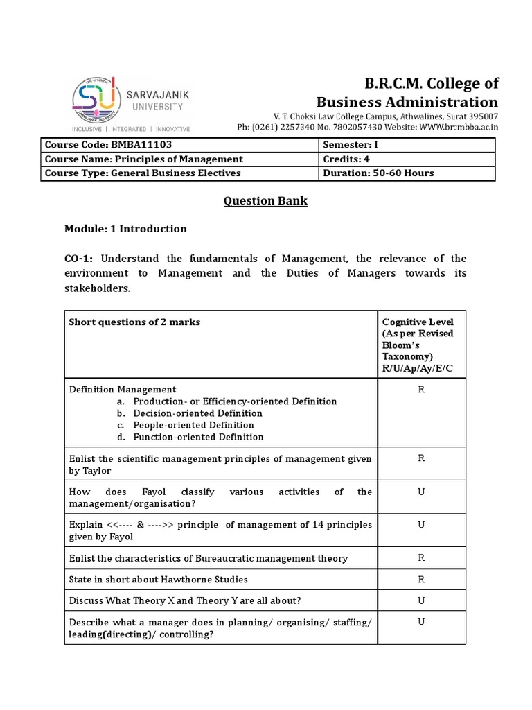POM Question Bank | PDF | Swot Analysis | Cognition