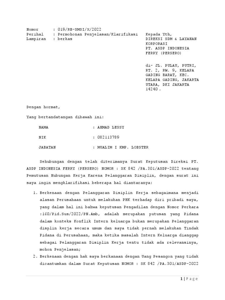 Surat Pt. Asdp | PDF