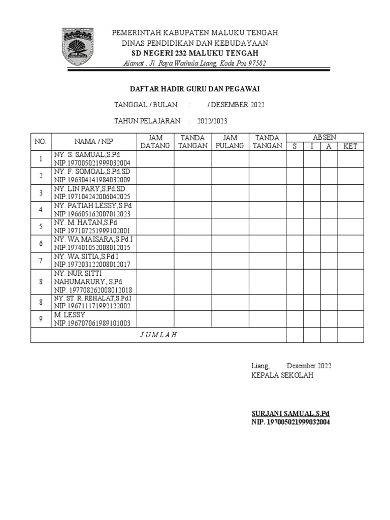 Format Absen Guru Harian 2022 | PDF