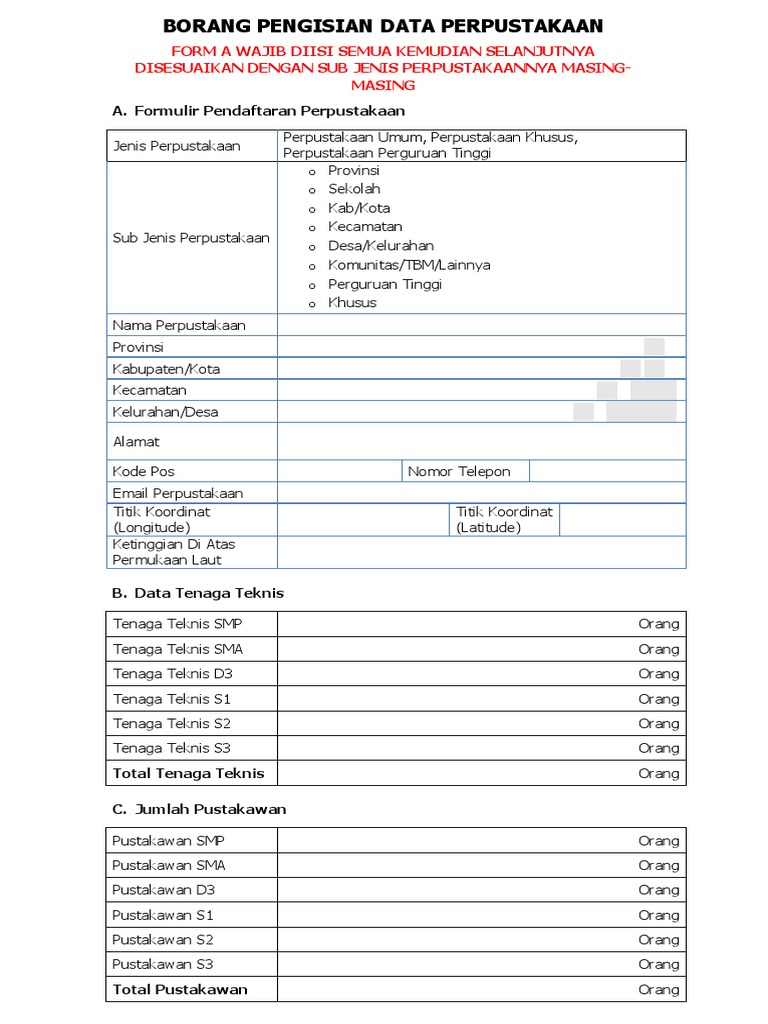 Borang Pengisian Data Perpustakaan | PDF