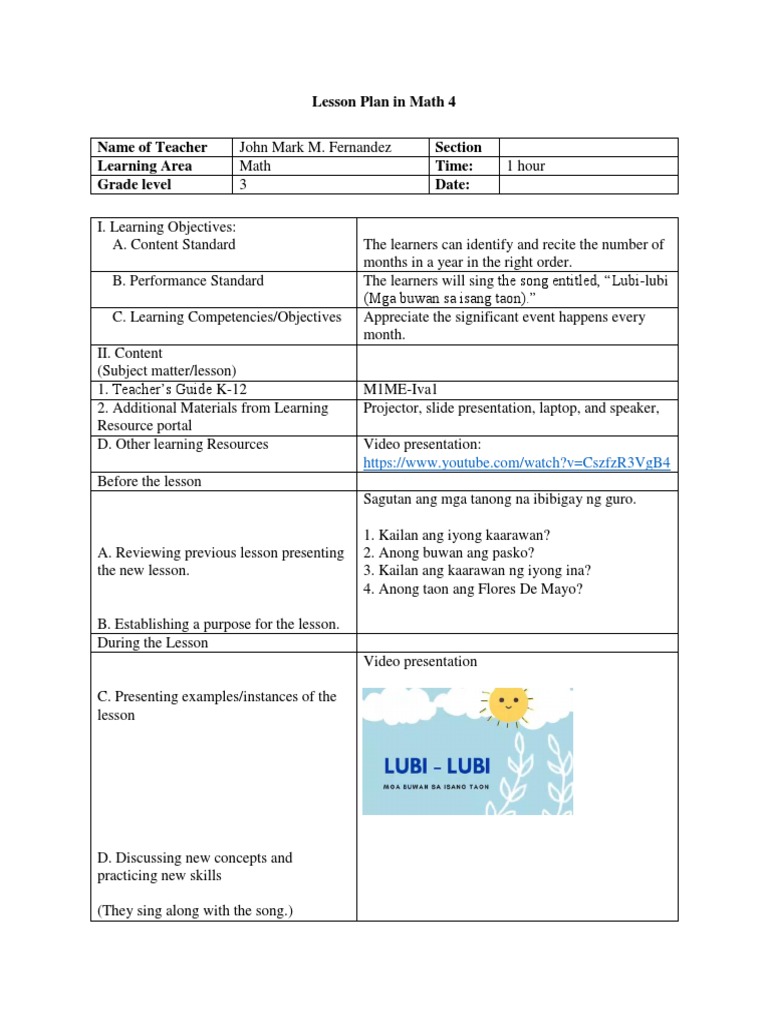 Lesson Plan Math 4 | PDF