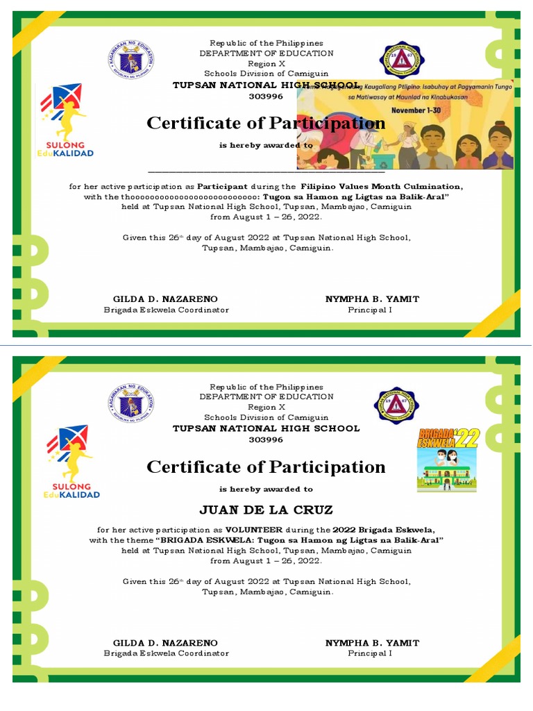 DepEd Brigada Eskwela Certificate Template | PDF | Philippines