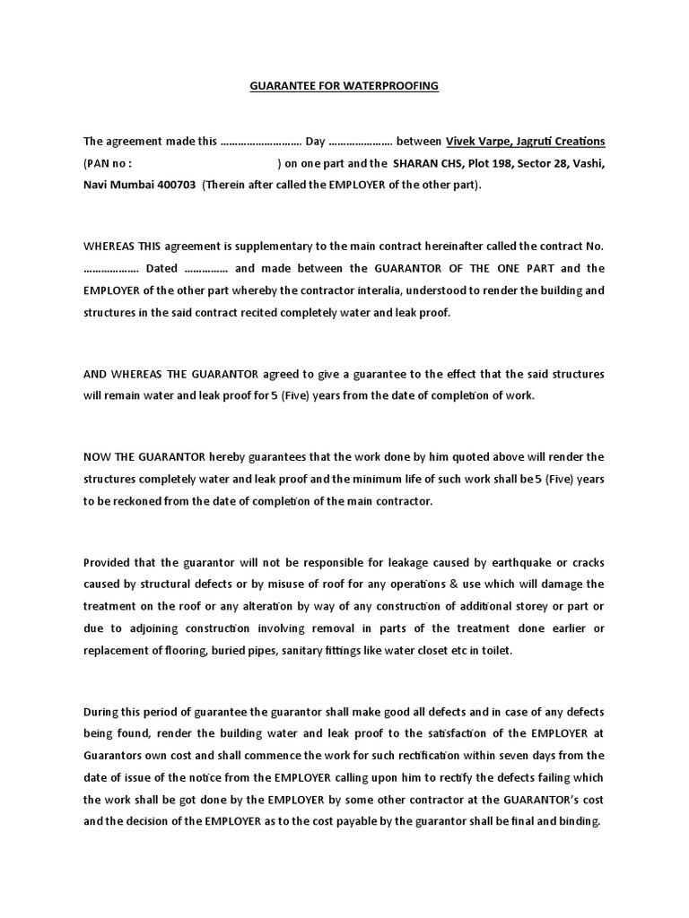 Waterproofing Guarantee Agreement | PDF | Civil Law (Legal System ...