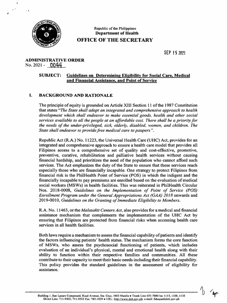 AO 2021-0044 Guidelines On Determining Eligibility For Social Care, Medical and Financial ...