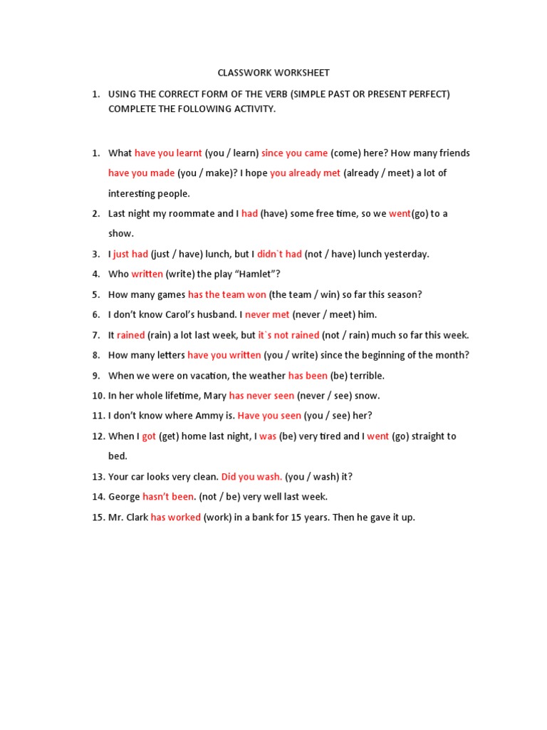 Classwork Worksheet | PDF | Language Arts & Discipline | Foreign Language Studies